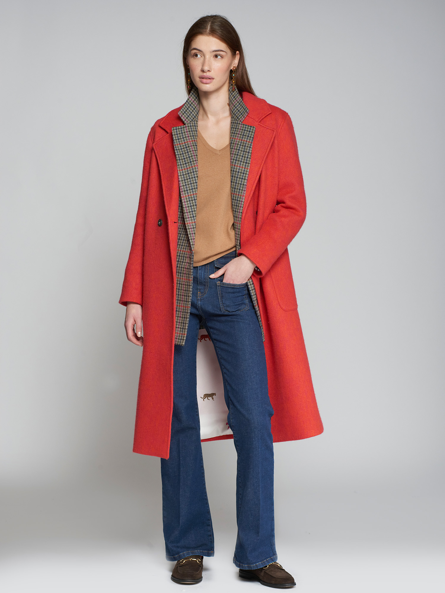 Vilagallo Tailored Double Breasted Long Coral Orange Woollen Blend Coat ...